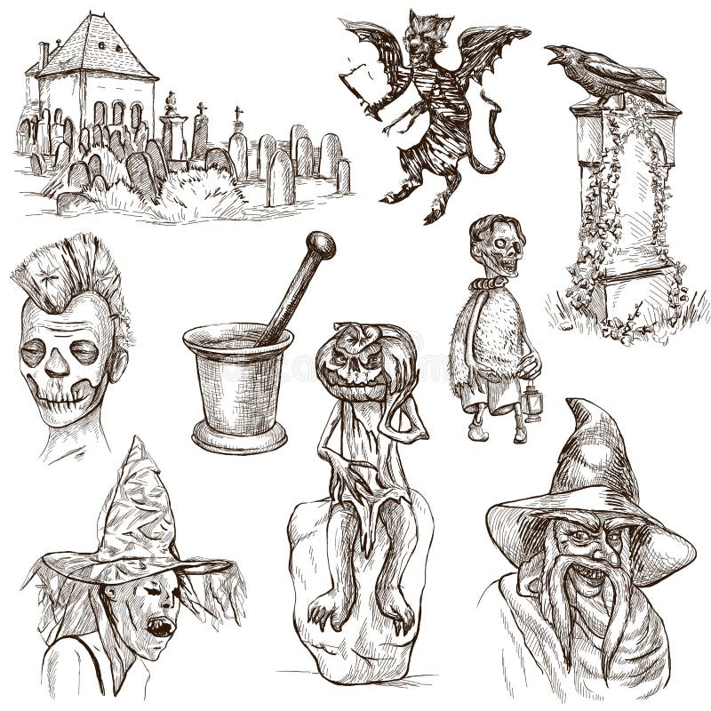 Halloween, Magische Monsters, - Hand Getrokken Pak Op Wit Stock ...