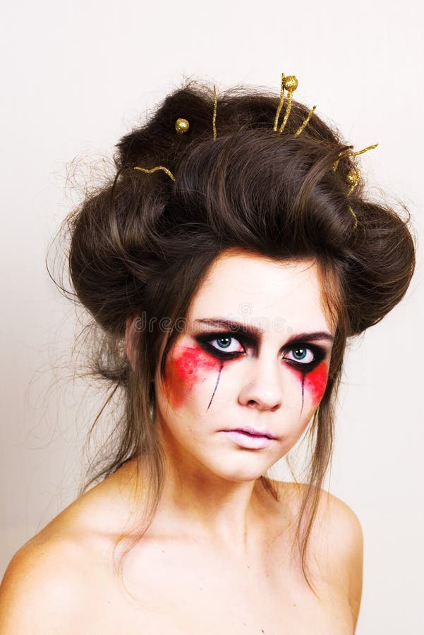 Halloween Make Up Beautiful Model with Perfect Hairstyle. Retouch Stock ...