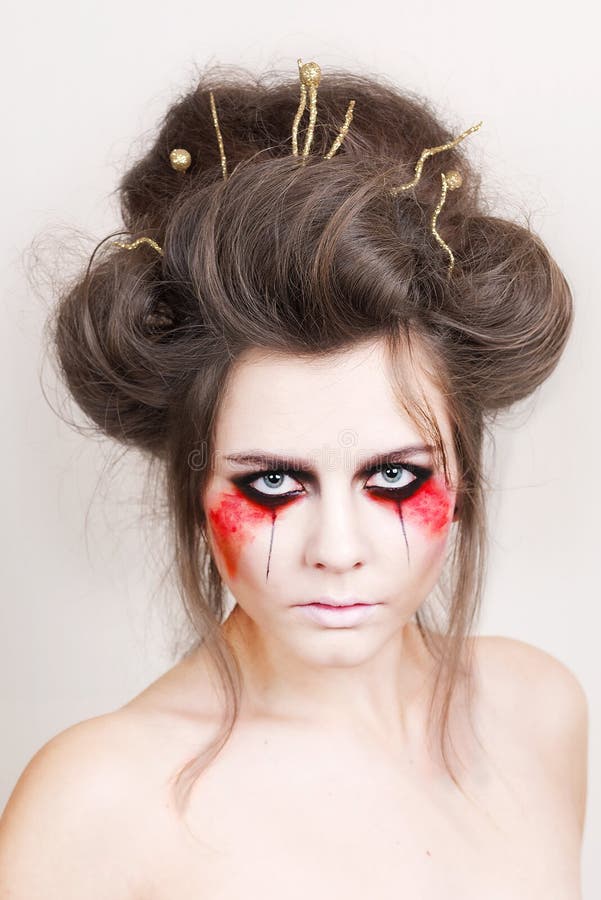 Halloween Make Up Beautiful Model with Perfect Hairstyle. Retouch Stock ...