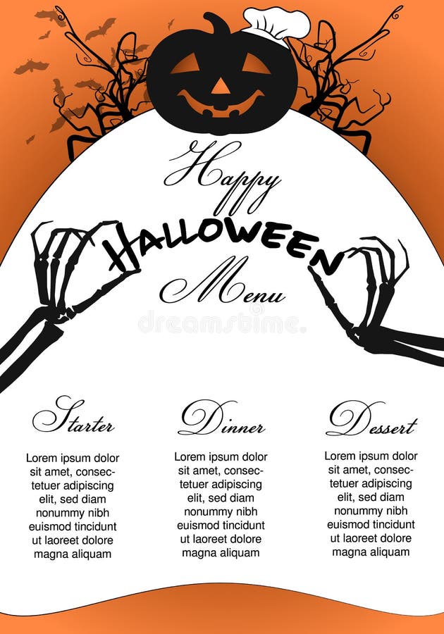 Halloween Menu Template with Pumpkin Chef and Skeleton Hands Stock ...