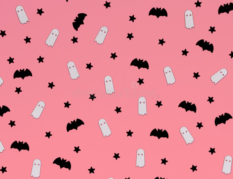 Halloween Minimal Pattern with Ghost and Bat, Pink Background Stock ...
