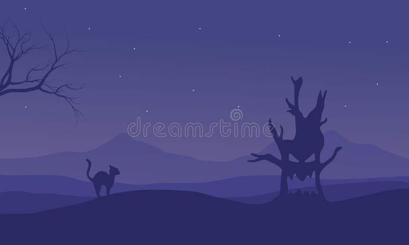 Halloween Monster Tree and Cat Silhouette Stock Vector - Illustration ...