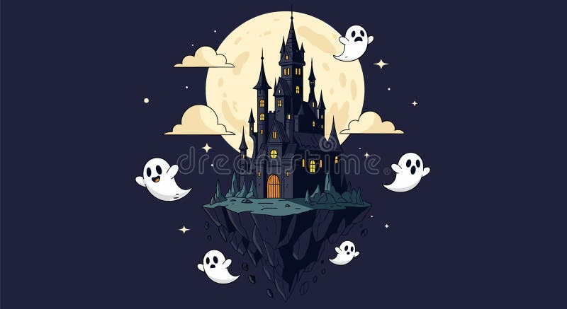 Halloween Night Castle Ghostly Specter Floating Island Flat Vector ...