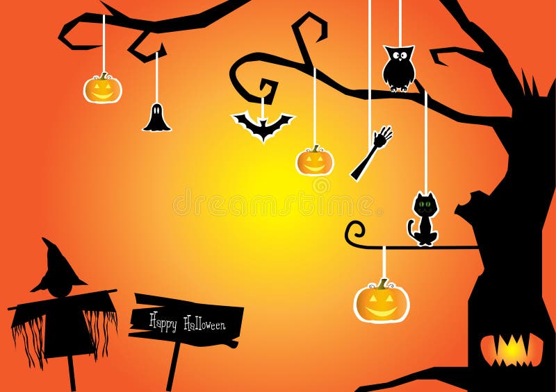 Halloween Night with Halloween Tree, Illustration. Stock Illustration ...