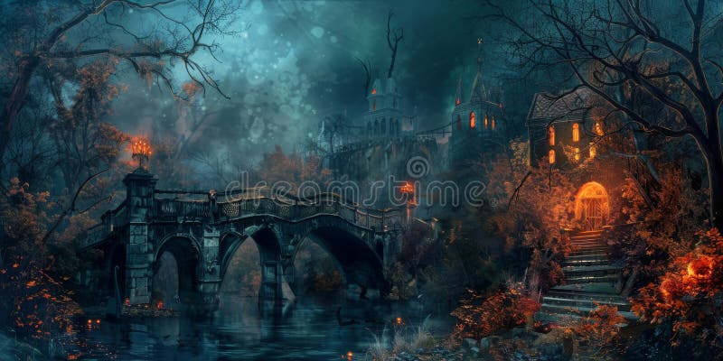 Halloween Night with Haunted Bridge Backdrop Stock Illustration ...