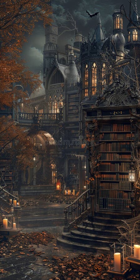 Halloween Night with Haunted Library Layout Background Stock ...