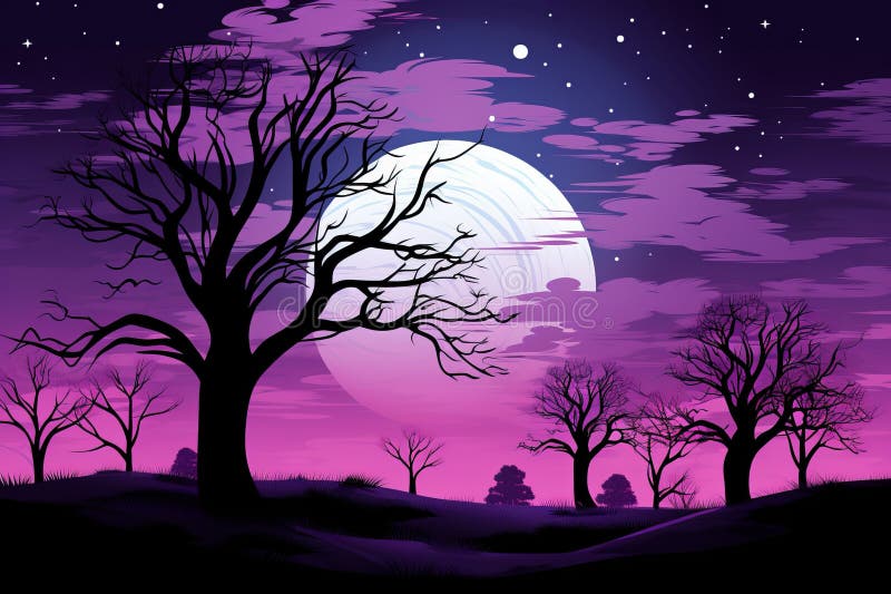 Halloween Night Landscape with Full Moon and Trees Stock Illustration ...