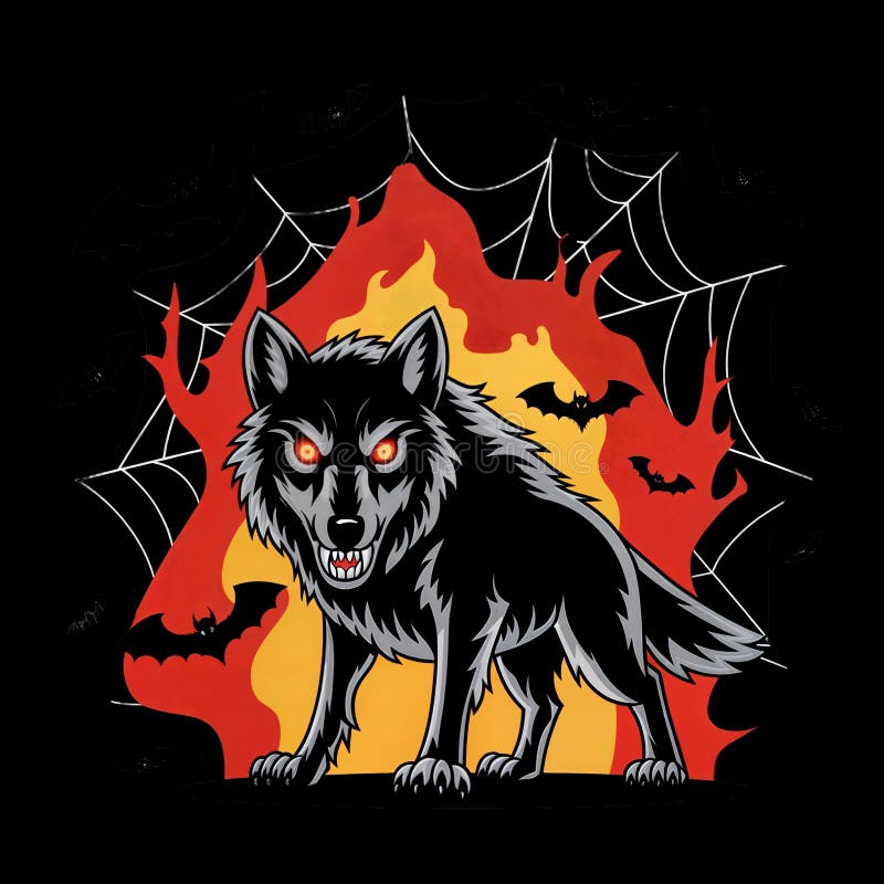 Halloween Night Scary Werewolf on Fire and Web Background Stock Photo ...