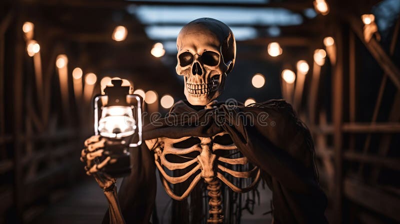 Halloween Night - Skeleton Holding Lantern in Spooky Night, Generative ...