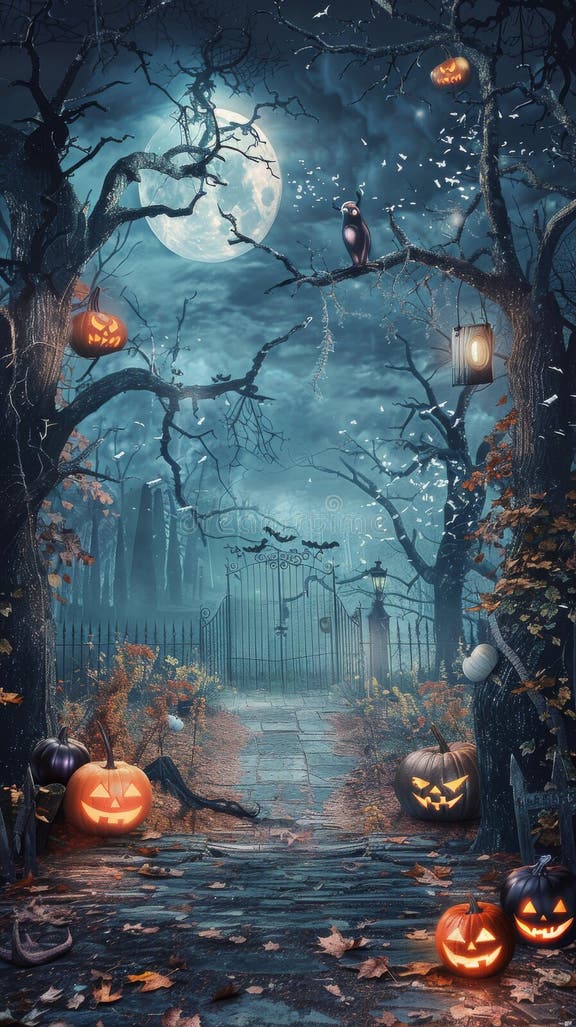 Halloween Night with Spooky Shadows Backdrop Stock Illustration ...