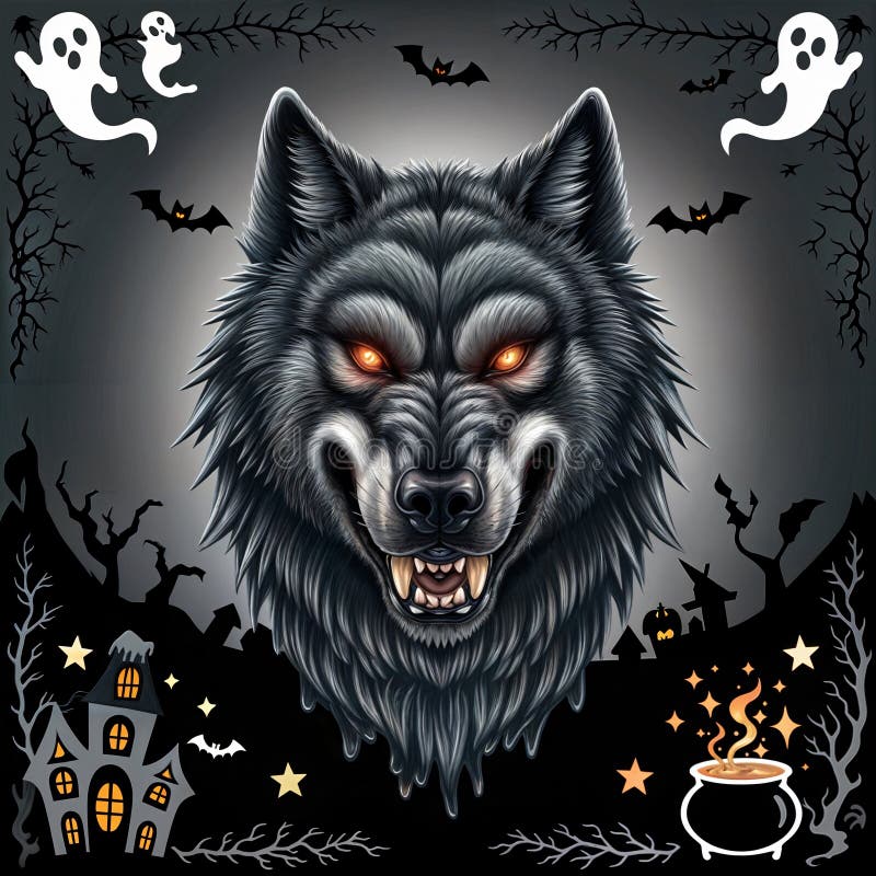 Halloween Night Very Evil Wolf with Glowing Eyes Stock Illustration ...