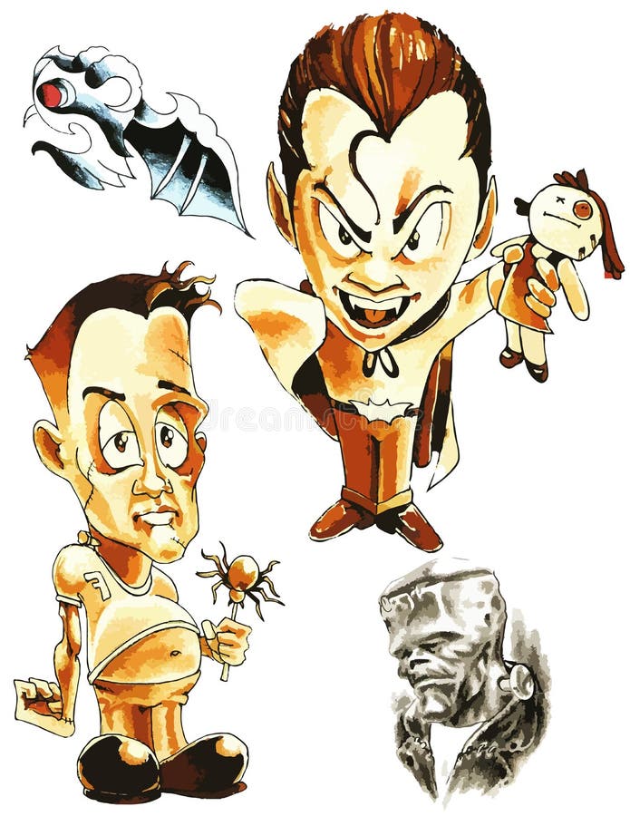 Halloween Oldskool Tattoo Set. Set of Horror Labels and Elements. Stock ...