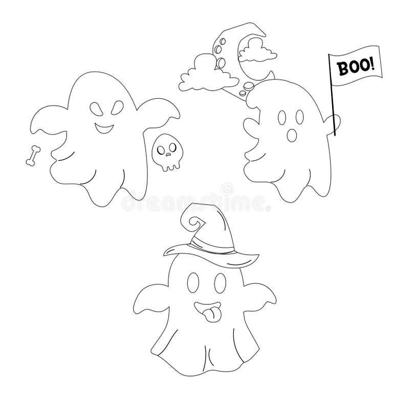 Halloween Outline Ghost Character. Ghost in Different Poses Stock ...