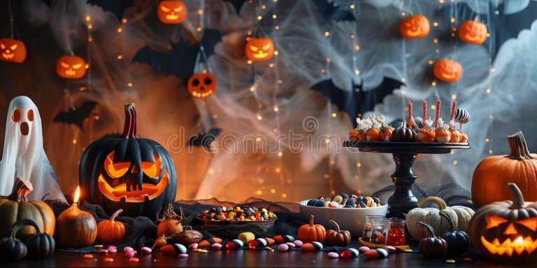 Halloween Party Decorations with Pumpkins, Candy, and a Ghost Stock ...