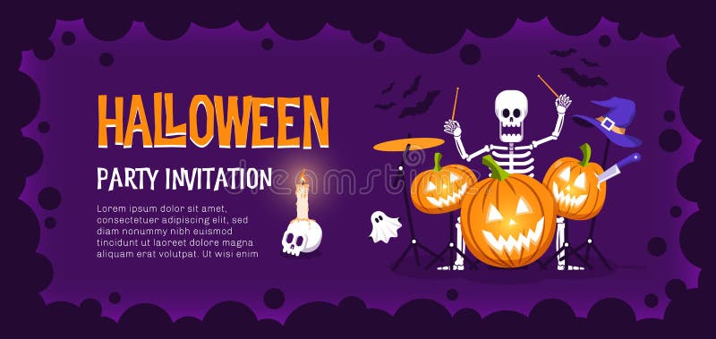 Halloween Party Flyer with Skeleton Drummer and Pumpkins Stock Vector ...