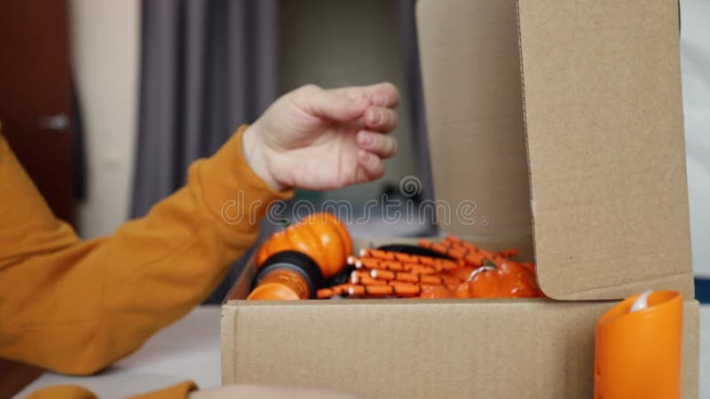 Halloween Party Objects, Female Hands Take Out a Witch Hat and a ...