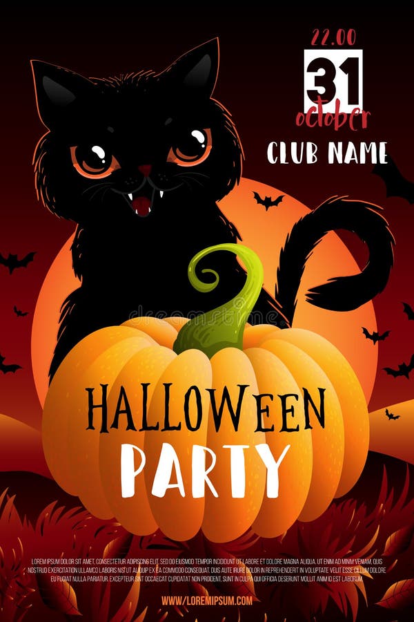 Halloween Party Poster. Card or Flyer with Black Cat. Stock Vector ...