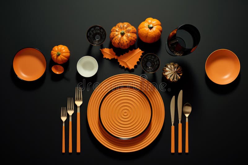 Halloween Party Table Setting in Black and Orange Colors Stock ...