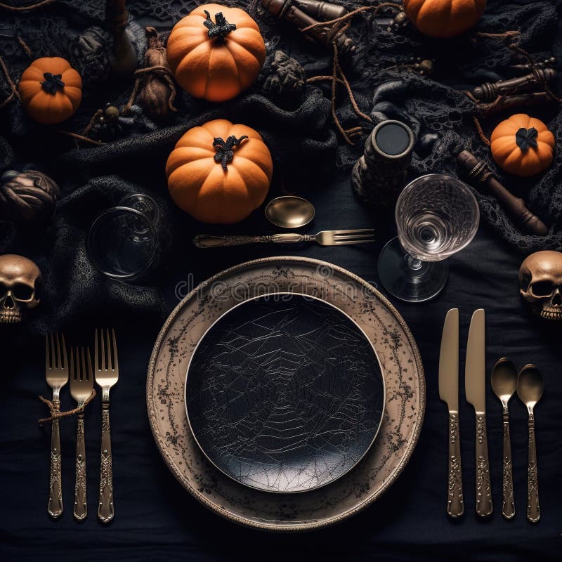 Halloween Party Table Setting Flat Lay in Black Generative AI Stock ...