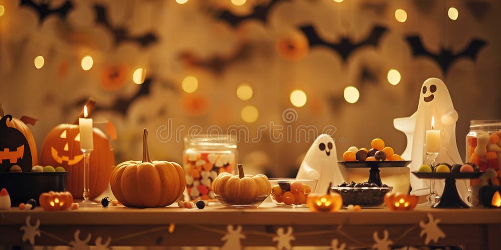 A Halloween Party Table Setup with Pumpkins, Candy, and Ghost ...