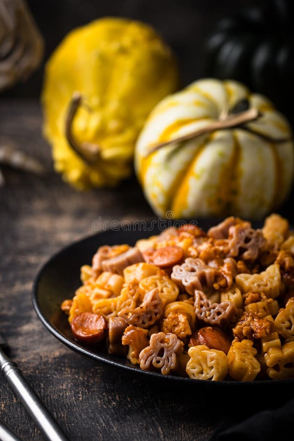 Halloween Pasta in Shape of Spider, Bat and Pumpkin Stock Image - Image ...