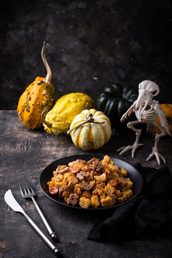 Halloween Pasta in Shape of Spider, Bat and Pumpkin Stock Photo - Image ...