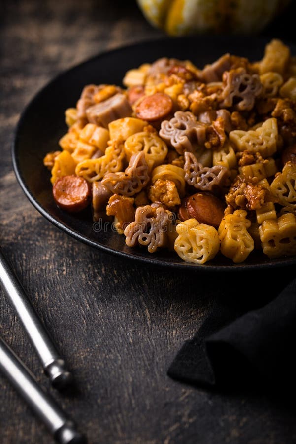 Halloween Pasta in Shape of Spider, Bat and Pumpkin Stock Photo - Image ...