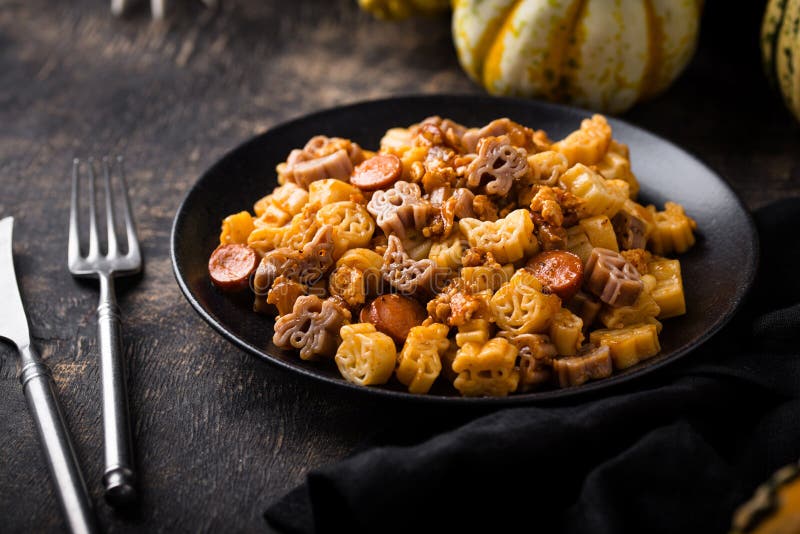 Halloween Pasta in Shape of Spider, Bat and Pumpkin Stock Image - Image ...