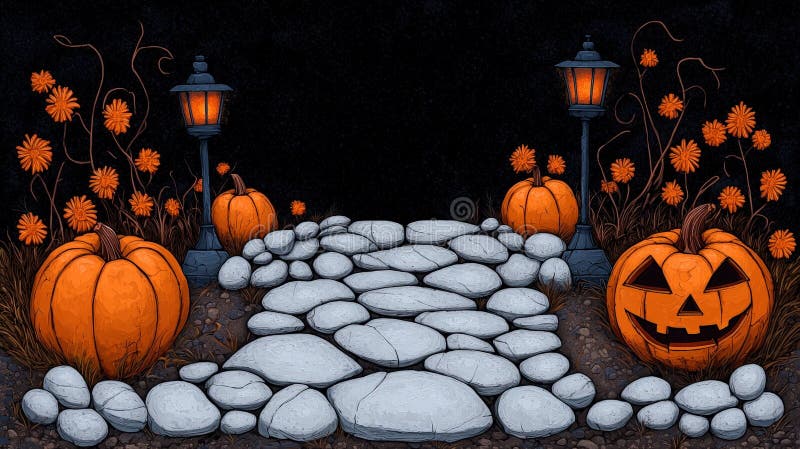 Halloween Pathway with Pumpkins and Lanterns Dark Night Ambiance Stock ...