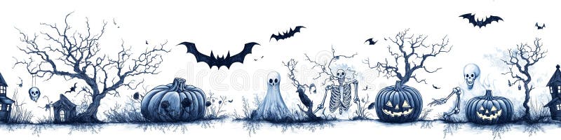 Halloween Pattern. Blue Pen Drawing of Halloween Symbols Stock ...