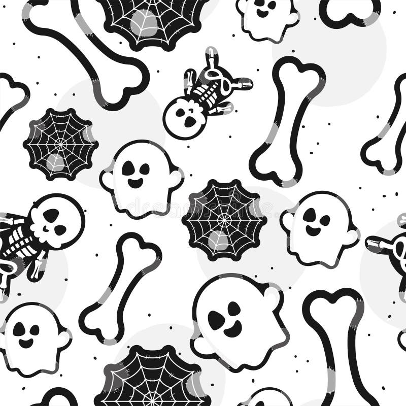 Halloween Pattern with Ghosts, Skeletons, and Spider Webs Vector Stock ...