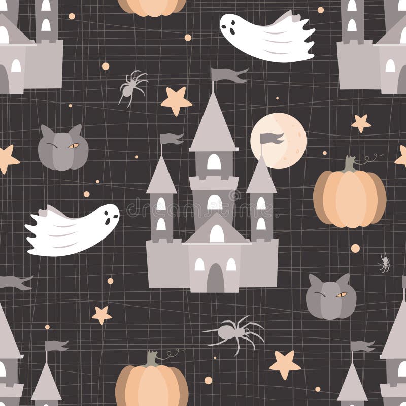Halloween Pattern. Horror Background. Darc Castles, Pumpkin, Spiders ...