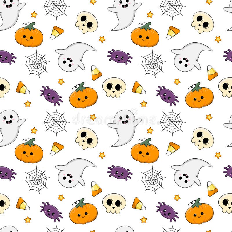 Halloween Pattern. Seamless Pattern of Ghosts, Candies, Spiders ...