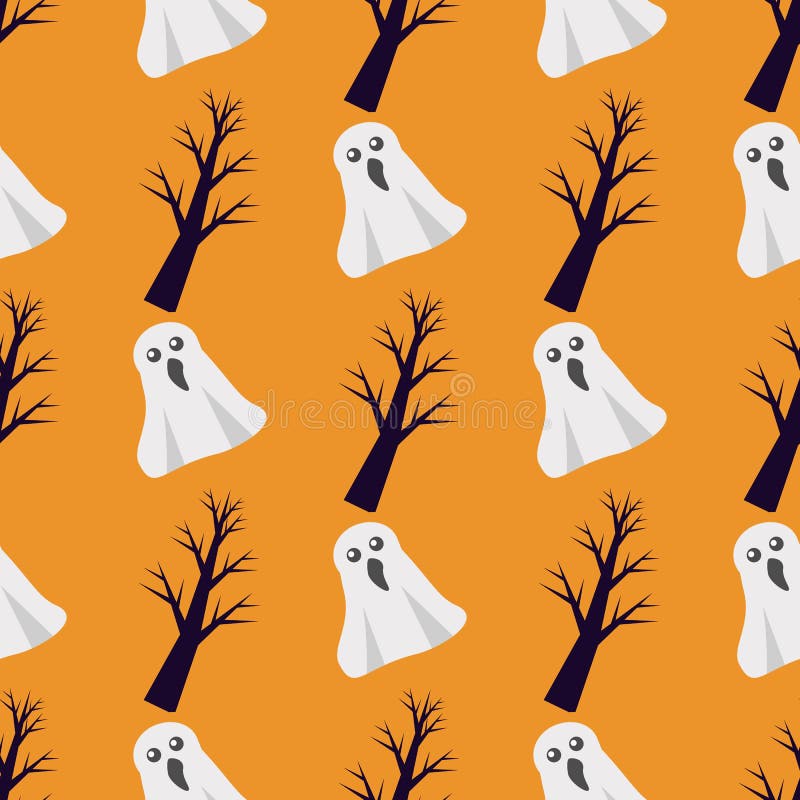 Halloween Pattern Trees and Ghosts on Yellow Stock Vector ...