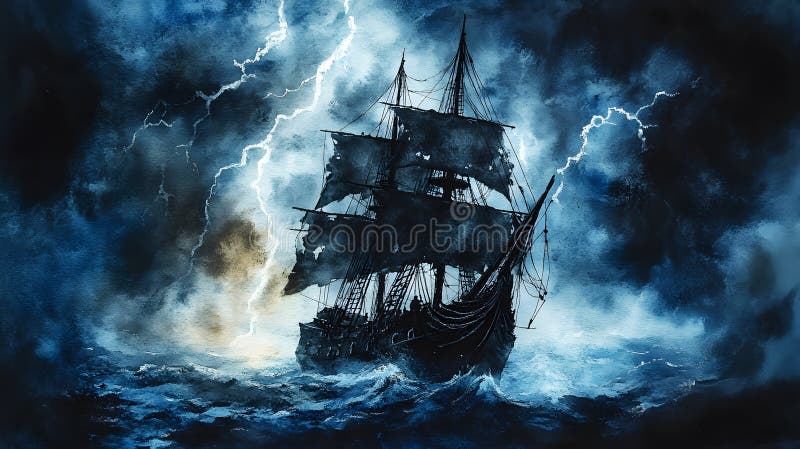 Halloween Pirate Ship, Pirate Ghost Ship Sailing through a Lightning ...