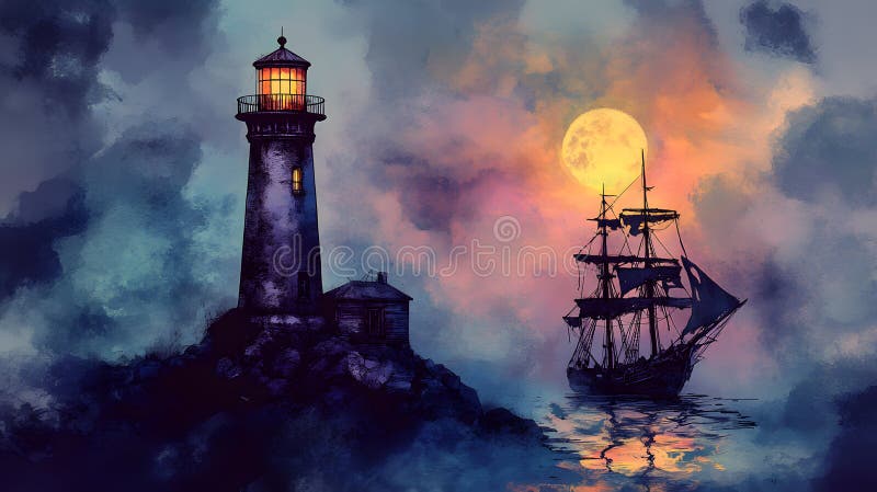 Halloween Pirate Ship, Haunted Lighthouse Guiding a Ghostly Pirate Ship ...
