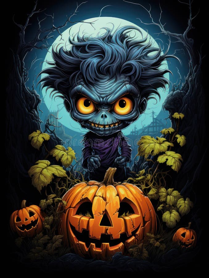 Halloween Poster with Pumpkin and a Blue Monster in Front of the Moon ...