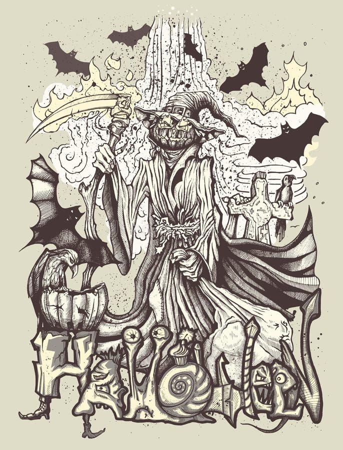 Halloween Poster with Pumpkin Drawing by Ink in Vector. Hand Drawn ...