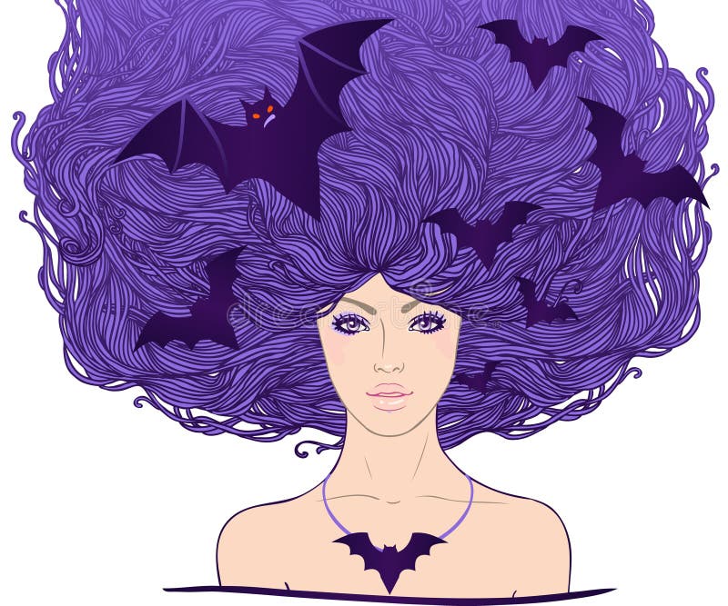 Halloween Pretty Witch with Flying Bats Stock Illustration ...