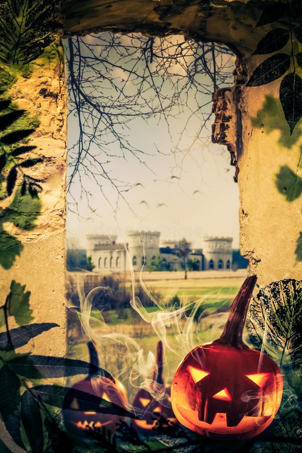 Halloween Project Pumpkins Old Ruins View Window Castle Stock ...