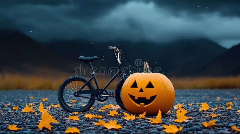 Halloween Pumpkin beside a Bicycle on a Leafcovered Ground Moody ...