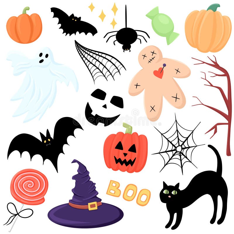 Halloween. Pumpkin, Black Cat, Bat, Ghost, Spider, Web. Set of ...