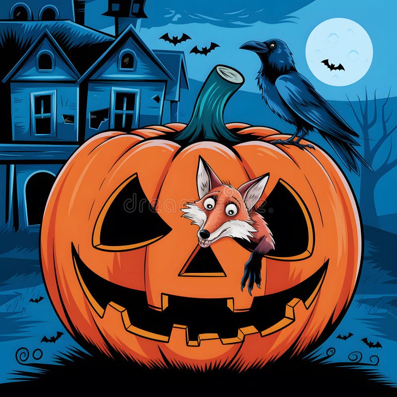 Halloween Night with Horror Pumpkin, Crow, Bat, Fox and Hunted House ...