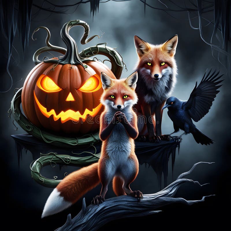 Halloween Dark Spooky Night Pumpkin with a Crow and Two Fox on Tree ...