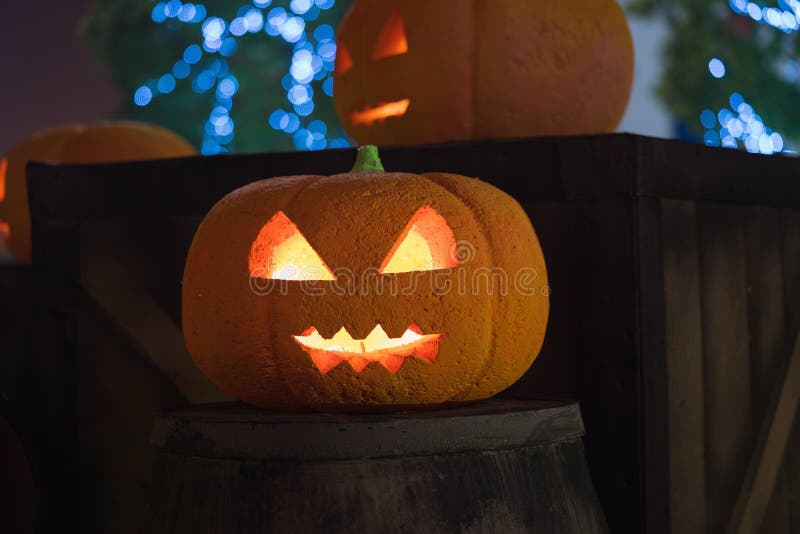 Halloween Pumpkin Decoration at Night. Illuminated Pumpkins Stock Photo ...