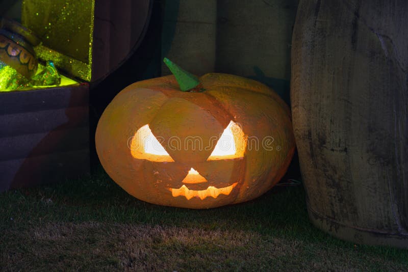 Halloween Pumpkin Decoration at Night. Illuminated Pumpkins Stock Image ...