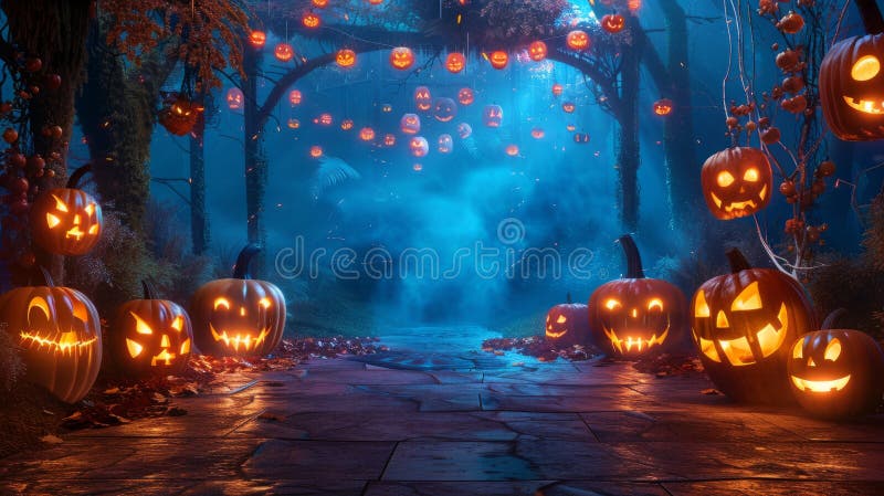 Halloween Pumpkin Display in Enchanted Forest Pathway with Glowing Jack ...