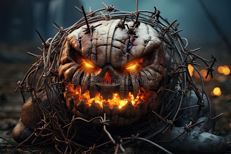 Halloween Pumpkin with Fire Inside and Barbed Wire. a Very Scary ...