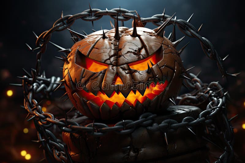 Halloween Pumpkin with Fire Inside and Barbed Wire. a Very Scary ...