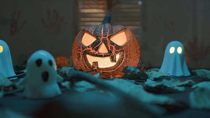 Halloween Pumpkin with Flashing Lightning and Ghosts Stock Image ...